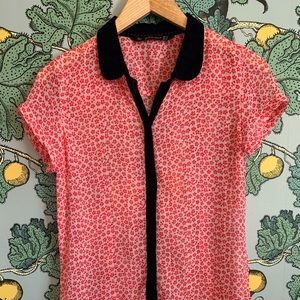 Zara | Tops | Zara Sheer Pink Floral Blouse With Navy Collar | Poshmark